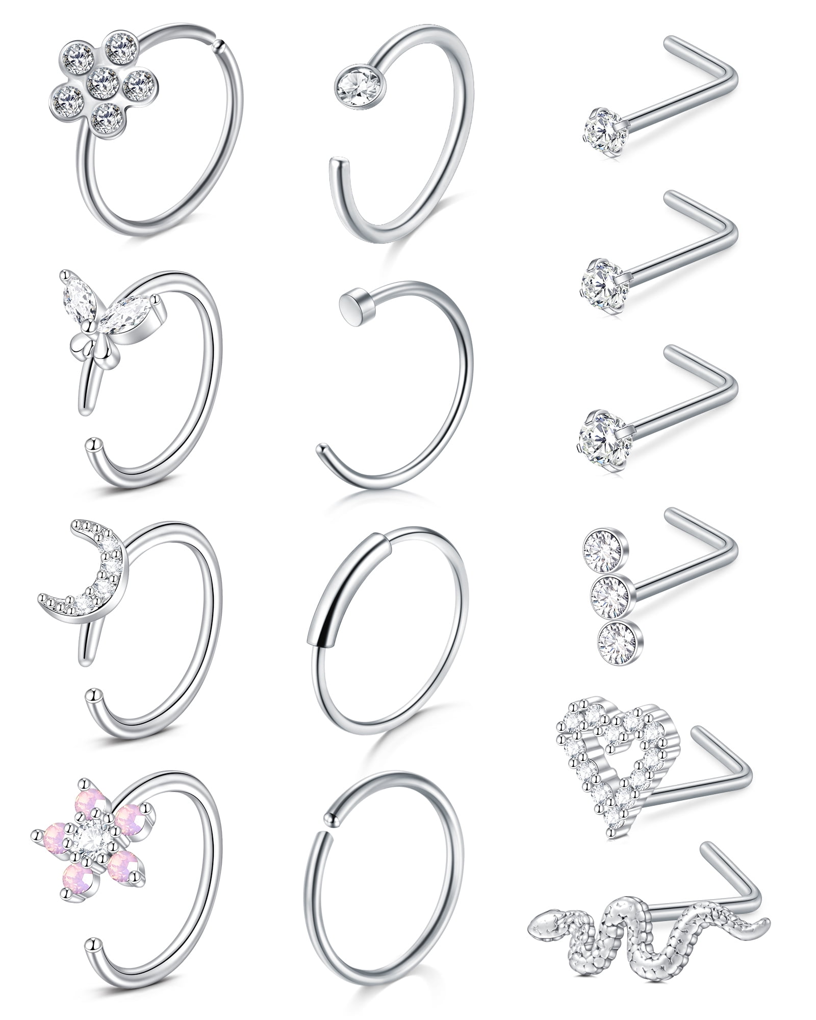 Briana Williams 18g Surgical Steel Nose Rings Hoops & Studs Piercing Kit with 1.5/2/2.5 Diamond ...