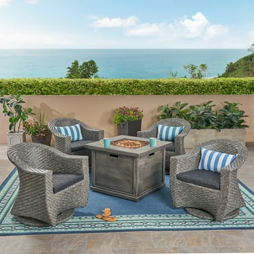 Corinne Outdoor 5 Piece Swivel Wicker Chat Set with Cushions and Fire ...