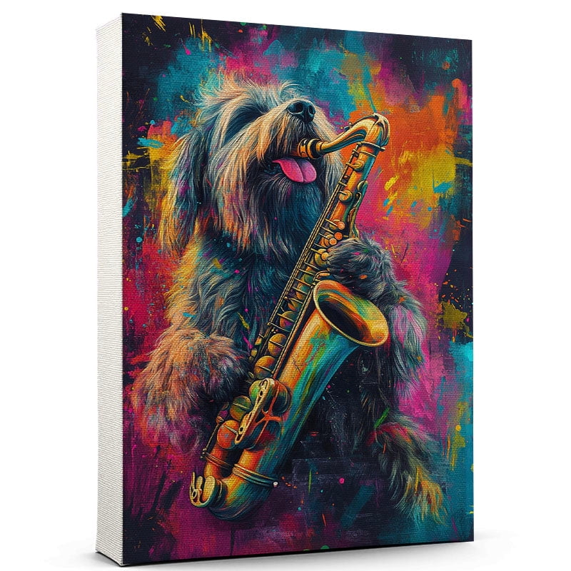 Briard Dog Playing Saxophone Stretched Canvas Size 8x12 – Vintage Style ...