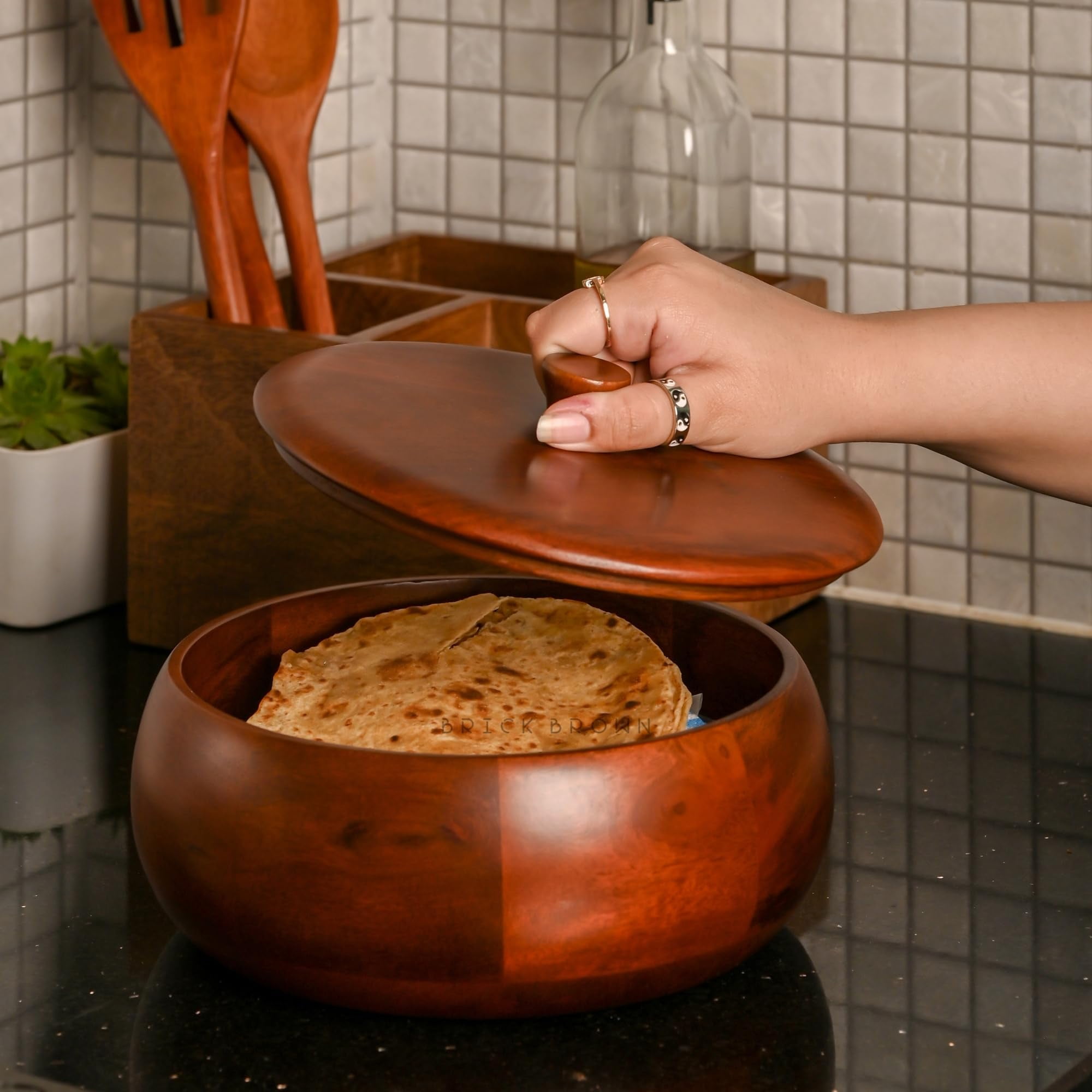 Brick Brown ® Handcrafted Premium Mahogany Finish Roti Casserole for ...