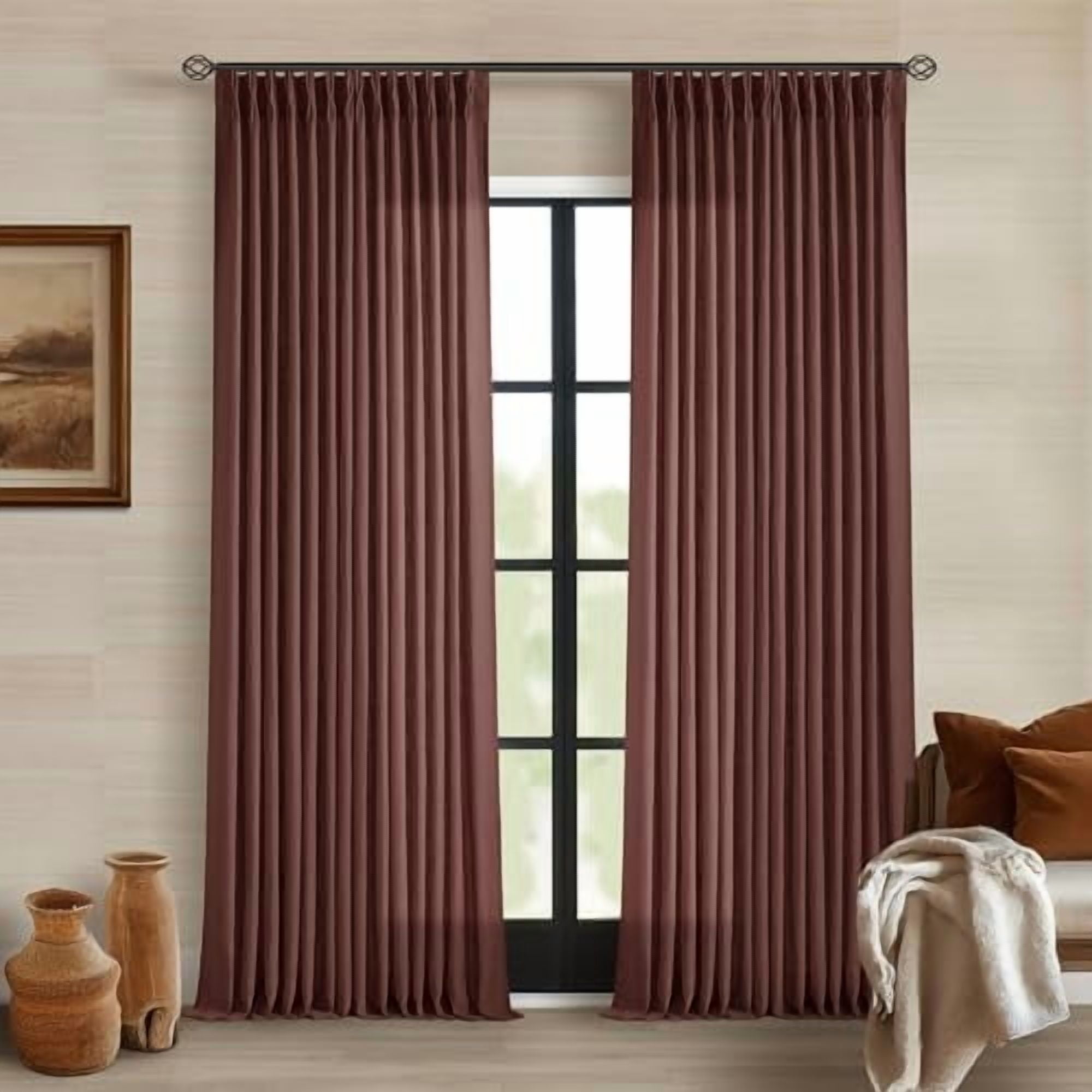 Brick Brown Pinch Pleated Linen Curtains 90 Inches Long for Living Room ...