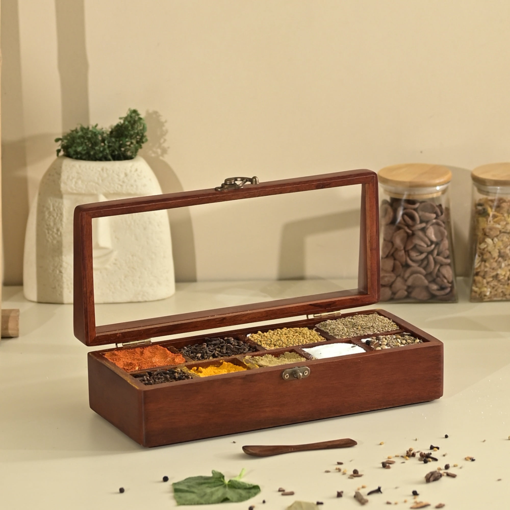 Brick Brown® Premium Handcrafted Wooden Prism Masala Box with Wooden ...