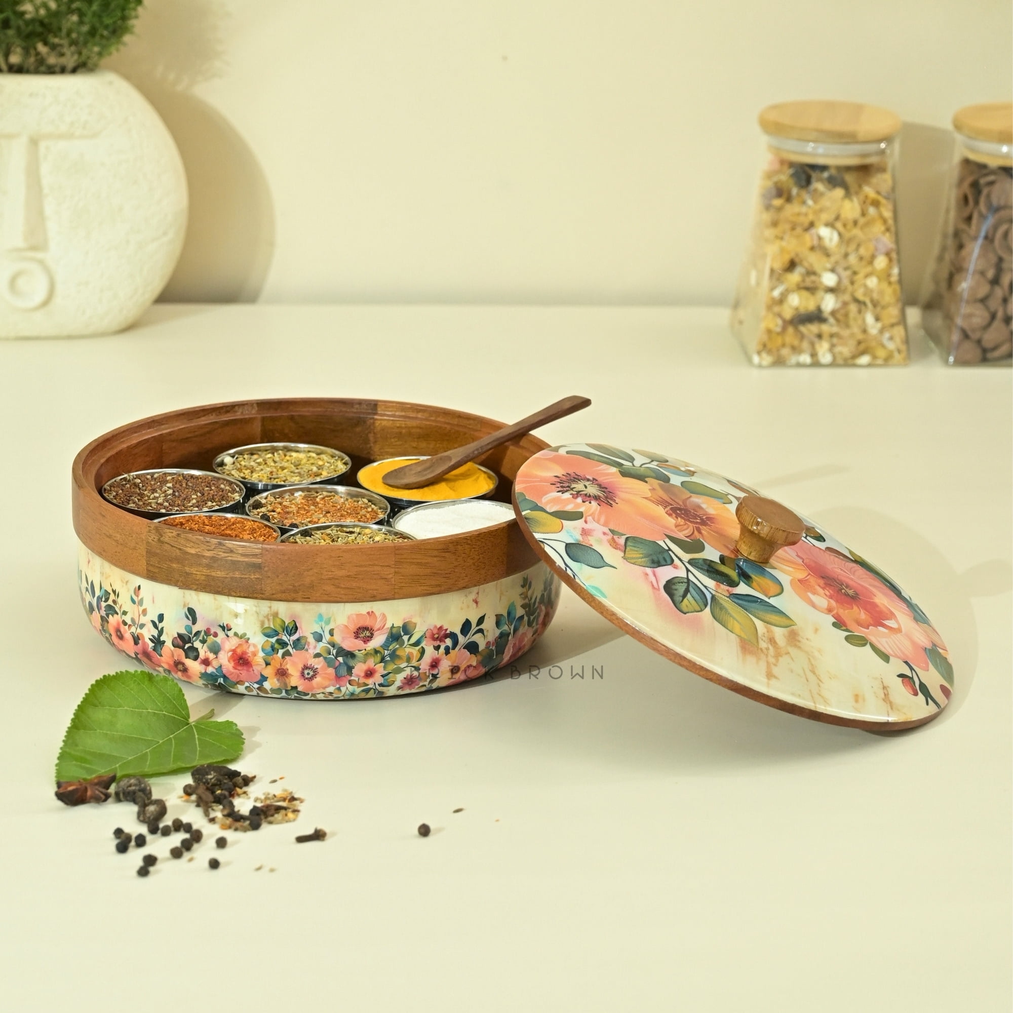 Brick Brown ® Wooden Pastel Flora Enamel Coated Masala Box for Kitchen ...