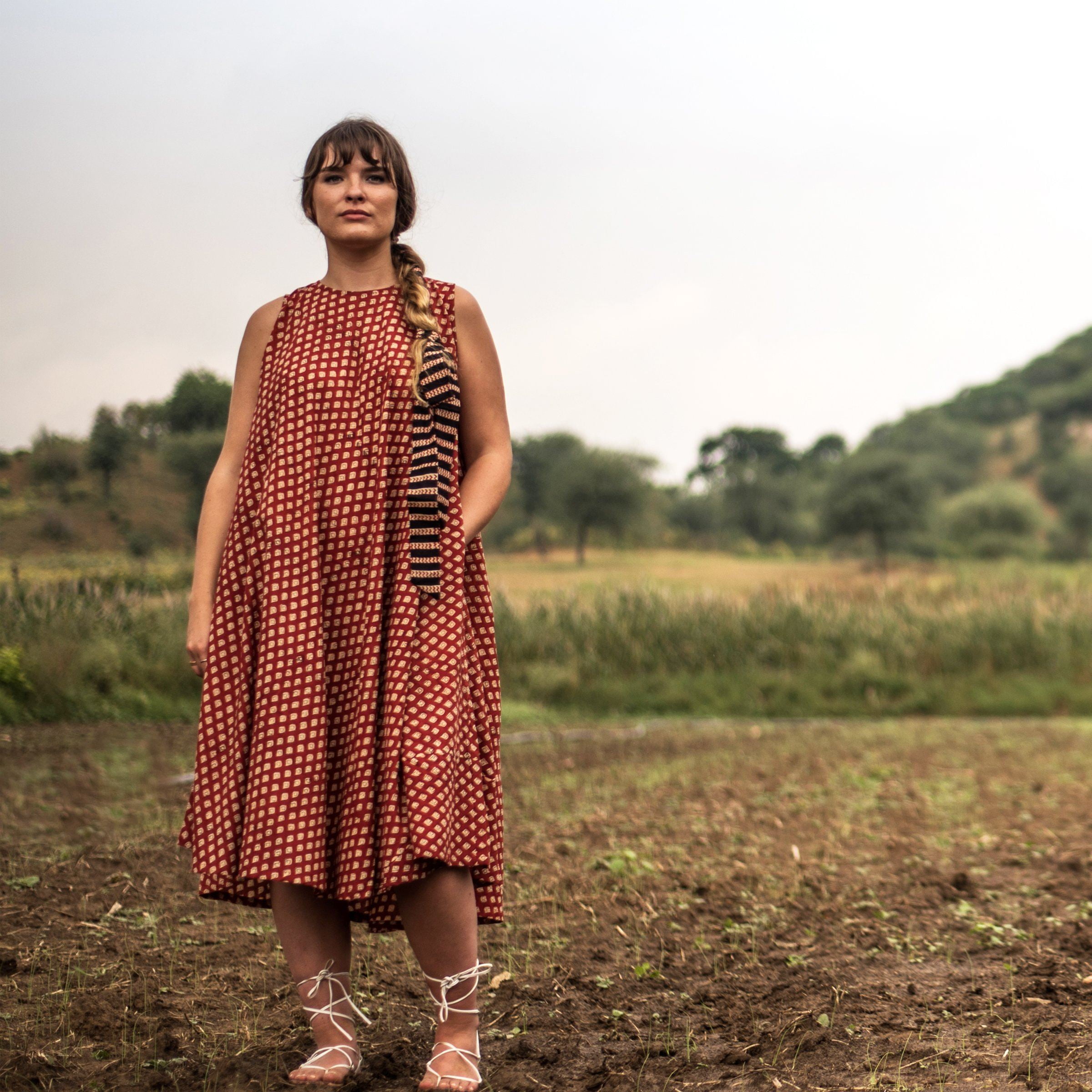 Brick Red Bagru Block Printed Cotton Midi Tent Dress - Walmart.com