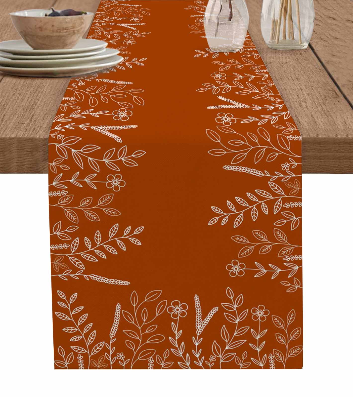 Brick Red Botanical Table Runner 108 Inches, Eucalyptus Leaves Abstract ...