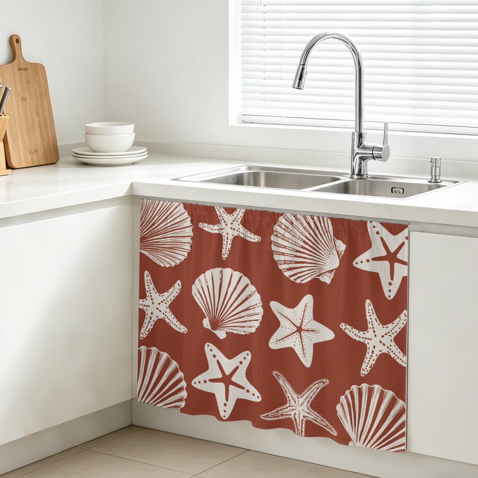 Brick Red Coastal Cabinet Curtains for Kitchen 10"W x 11"L, Starfish ...