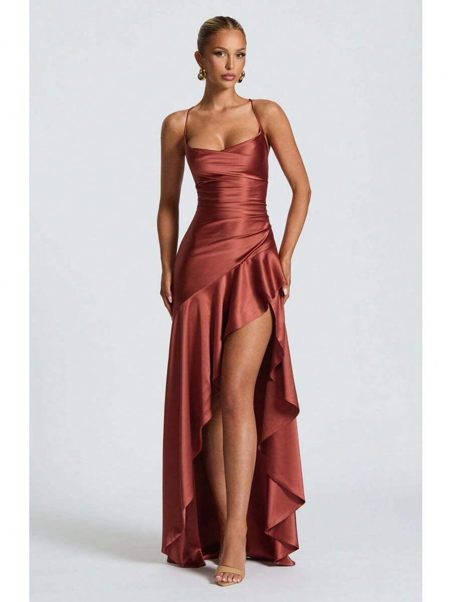Brick Red Satin Maxi Dress With Spaghetti Straps, Ruched Bodice ...