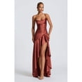 Brick Red Satin Maxi Dress With Spaghetti Straps, Ruched Bodice ...