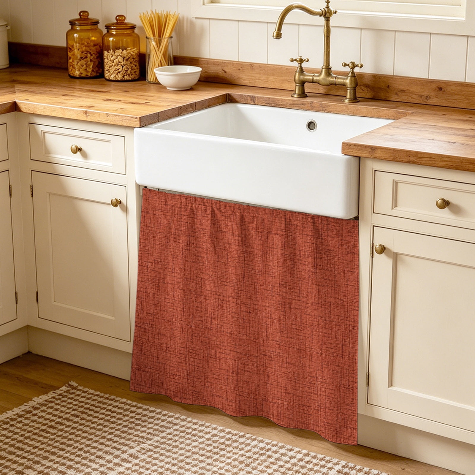 Brick Red Solid Cabinet Curtain, Minimalist Cloth Rust Grain Linen ...