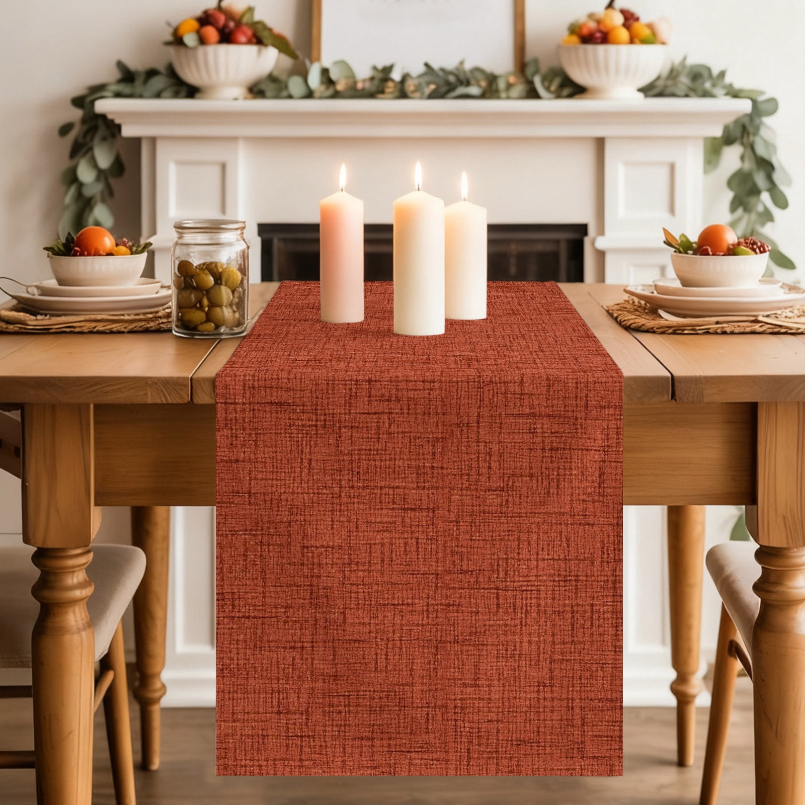 Brick Red Solid Dining Table Runner, Minimalist Cloth Rust Grain Linen ...