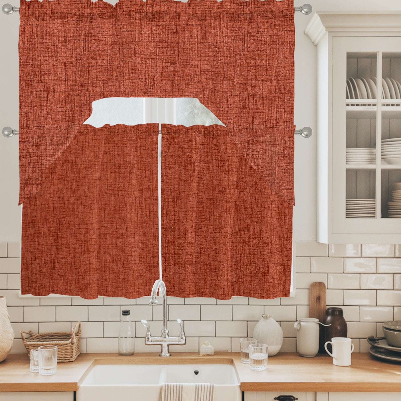 Brick Red Solid Swag Curtains Valance and Tier Set, Minimalist Cloth ...