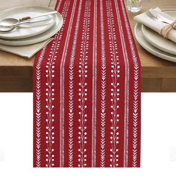 Brick Red Table Runner, Rustic Vertical Dashed Lines Shabby Chic Leaf ...