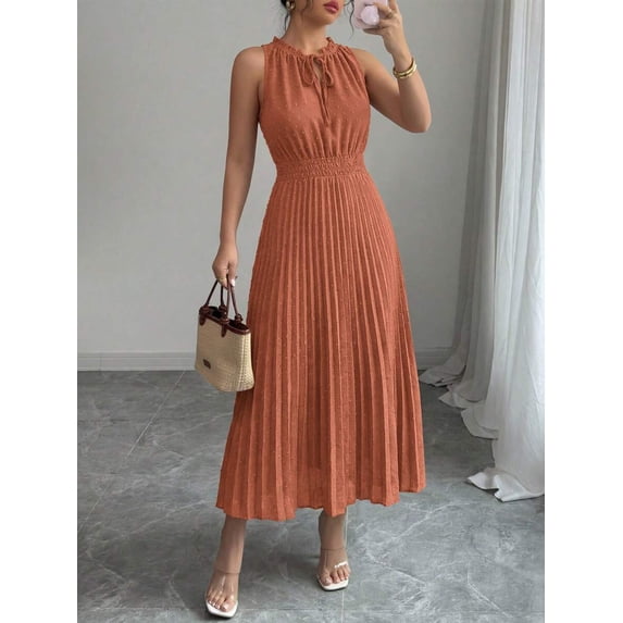 Brick Red Womens Mid-Length Pleated Sleeveless A-Line Sundress With Tie ...