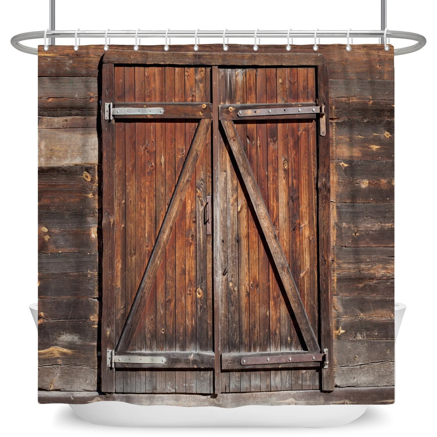 Brick Wall 3D Printing Wooden Door Shower Curtain Vintage Brown Bathtub ...