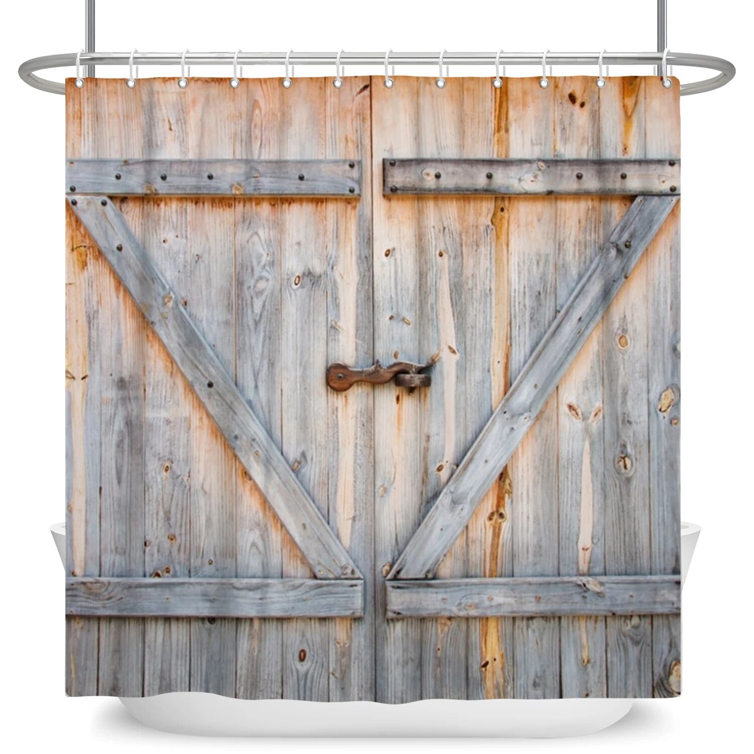 Brick Wall 3D Printing Wooden Door Shower Curtain Vintage Brown Bathtub ...