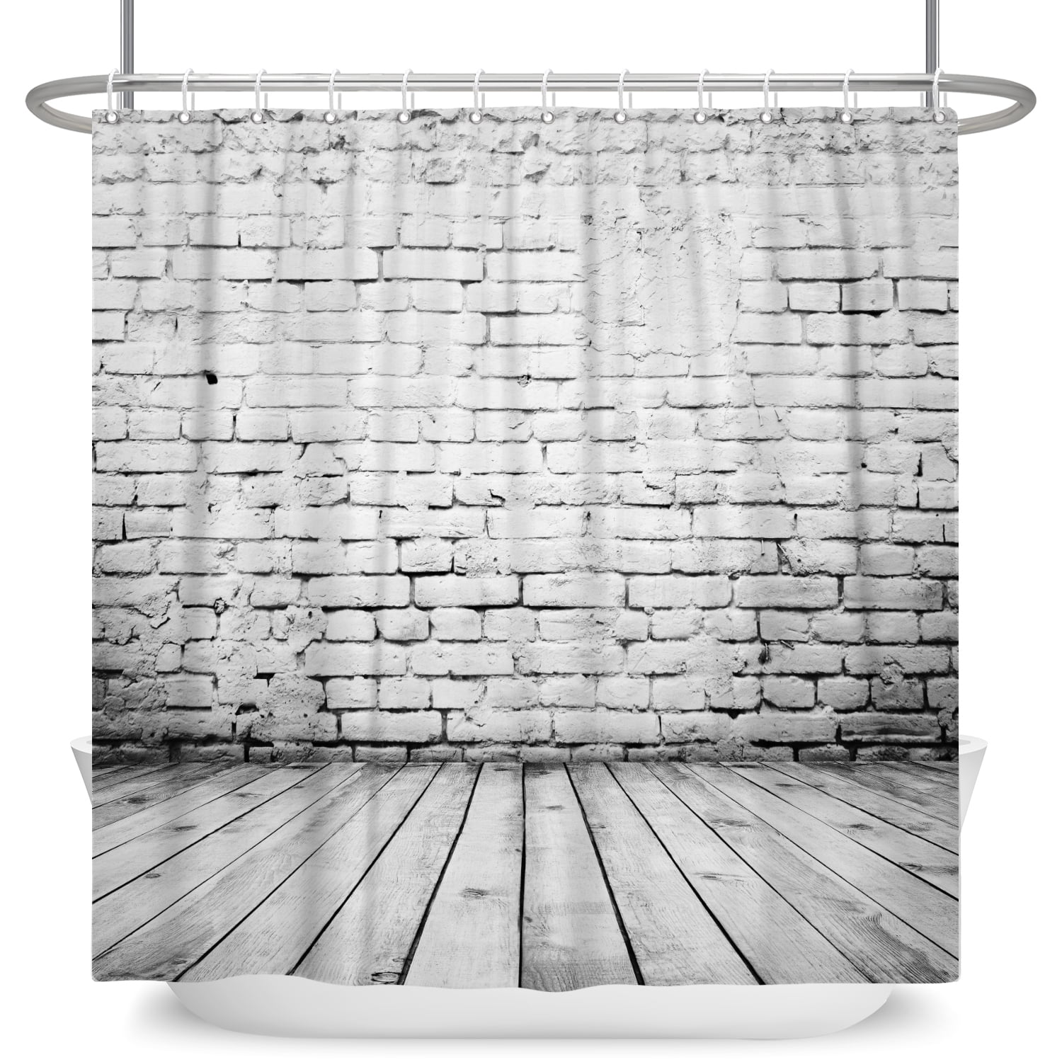 Brick Wall 3D Printing Wooden Door Shower Curtain Vintage Brown Bathtub ...