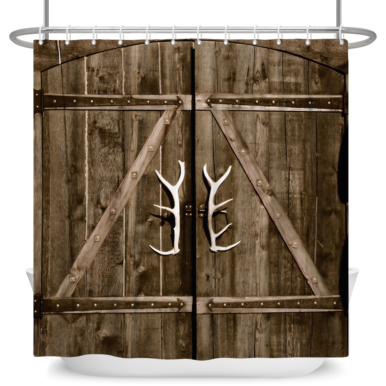 Brick Wall 3D Printing Wooden Door Shower Curtain Vintage Brown Bathtub ...