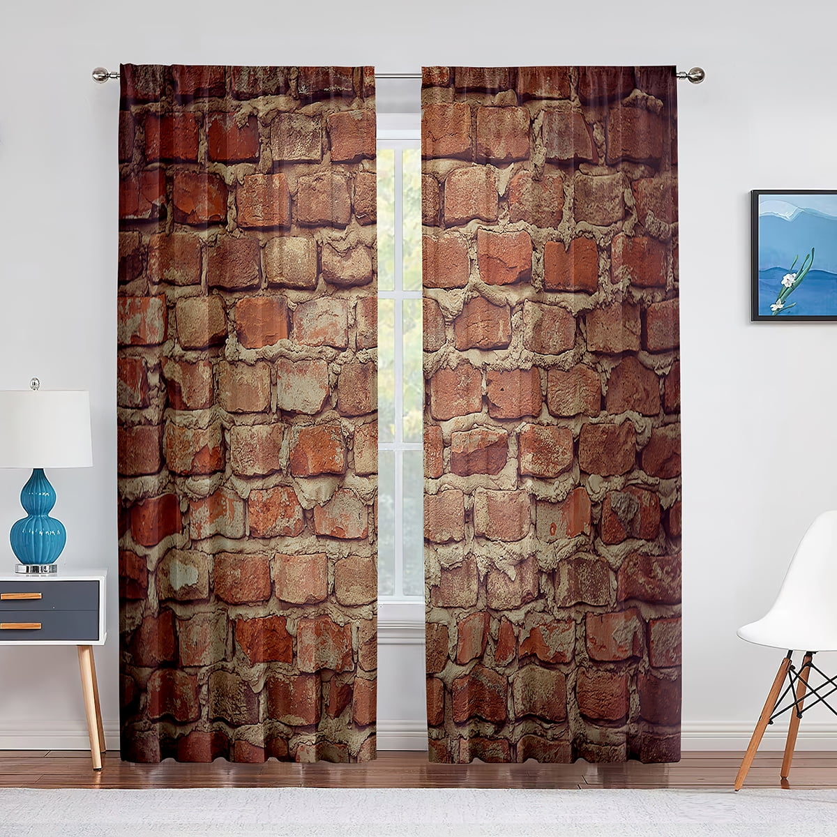 Brick Wall Background Primary Color Chiffon Sheer Curtains for Living ...