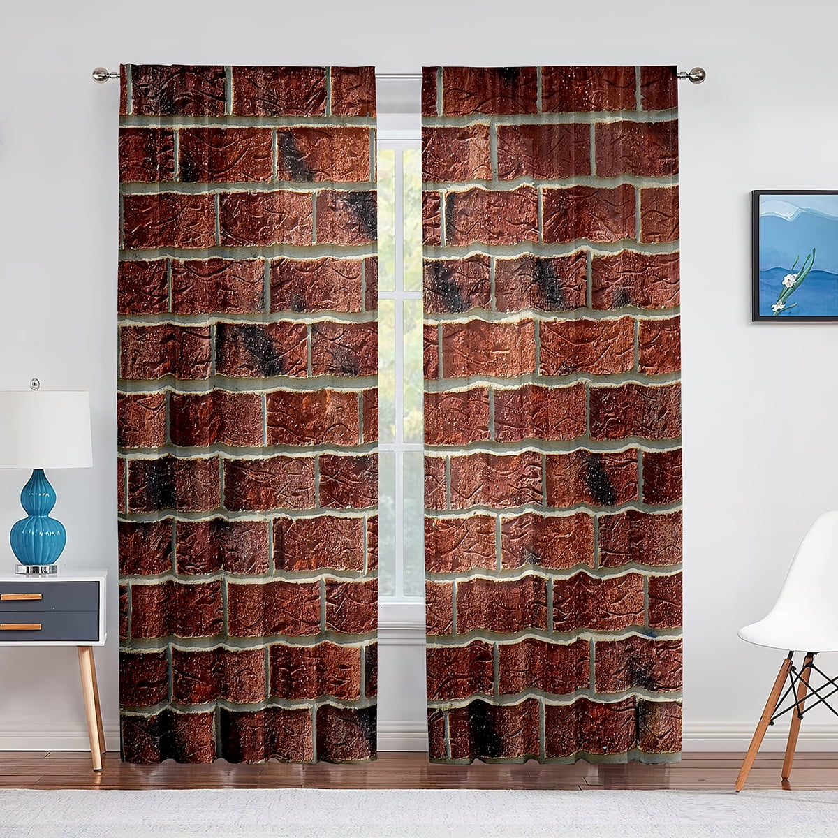 Brick Wall Background Primary Color Chiffon Sheer Curtains for Living ...