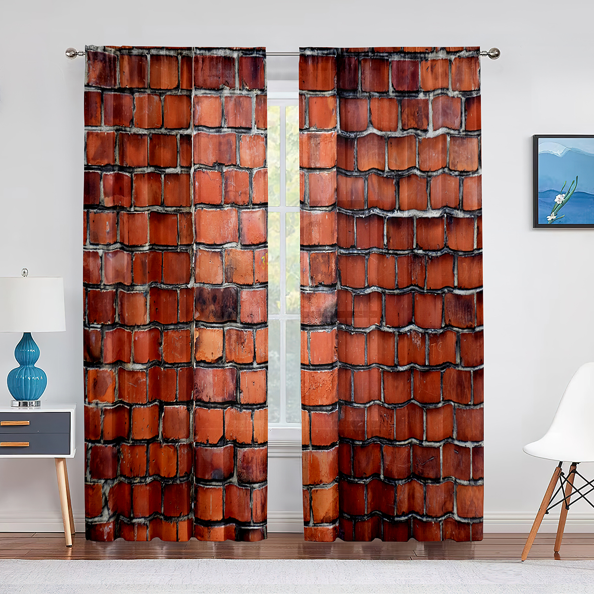 Brick Wall Background Primary Color Chiffon Sheer Curtains for Living ...