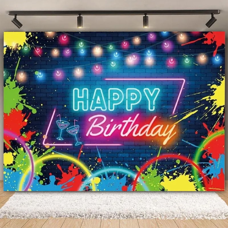Brick Wall Birthday Background Neon Glow Graffiti splashed Decoration ...