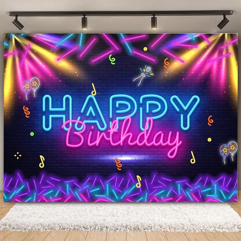 Brick Wall Birthday Background Neon Glow Graffiti splashed Decoration ...