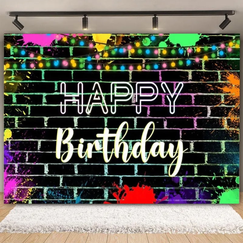 Brick Wall Birthday Background Neon Glow Graffiti splashed Decoration ...