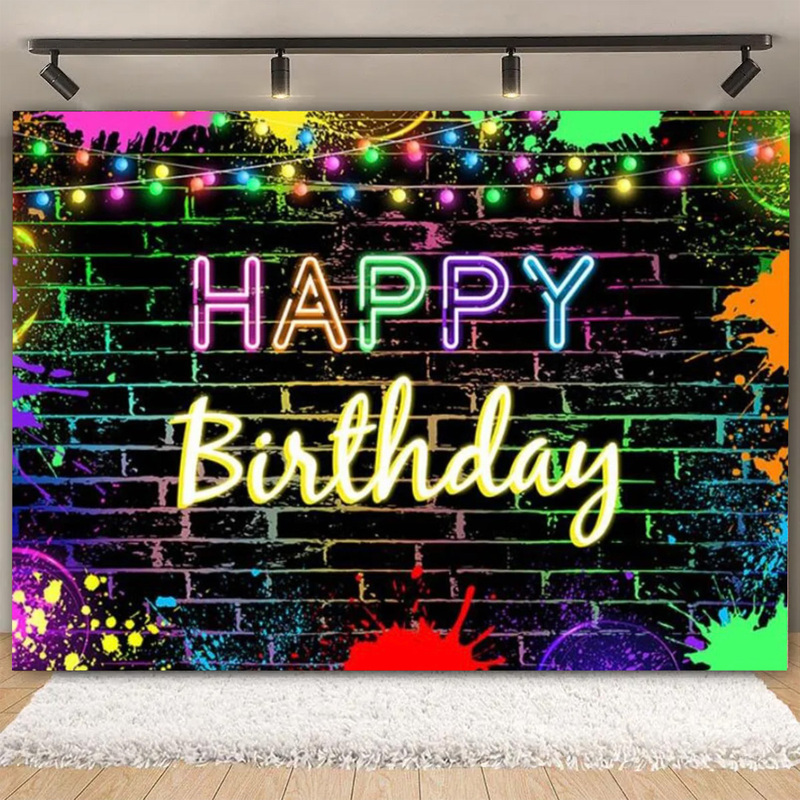 Brick Wall Birthday Background Neon Glow Graffiti splashed Decoration ...