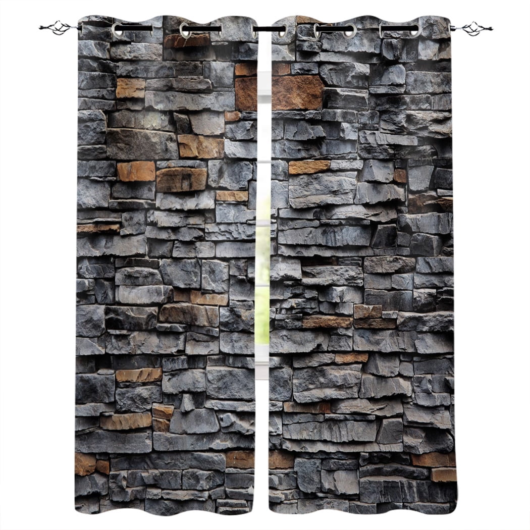 Brick Wall Black Retro Style Stones Window Curtains for Living Room ...