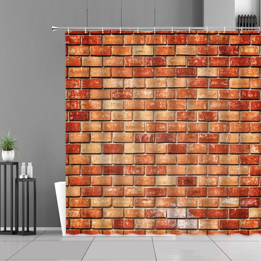 Brick Wall Design Shower Curtains Green Plants Leaves Vine Rock Stone ...