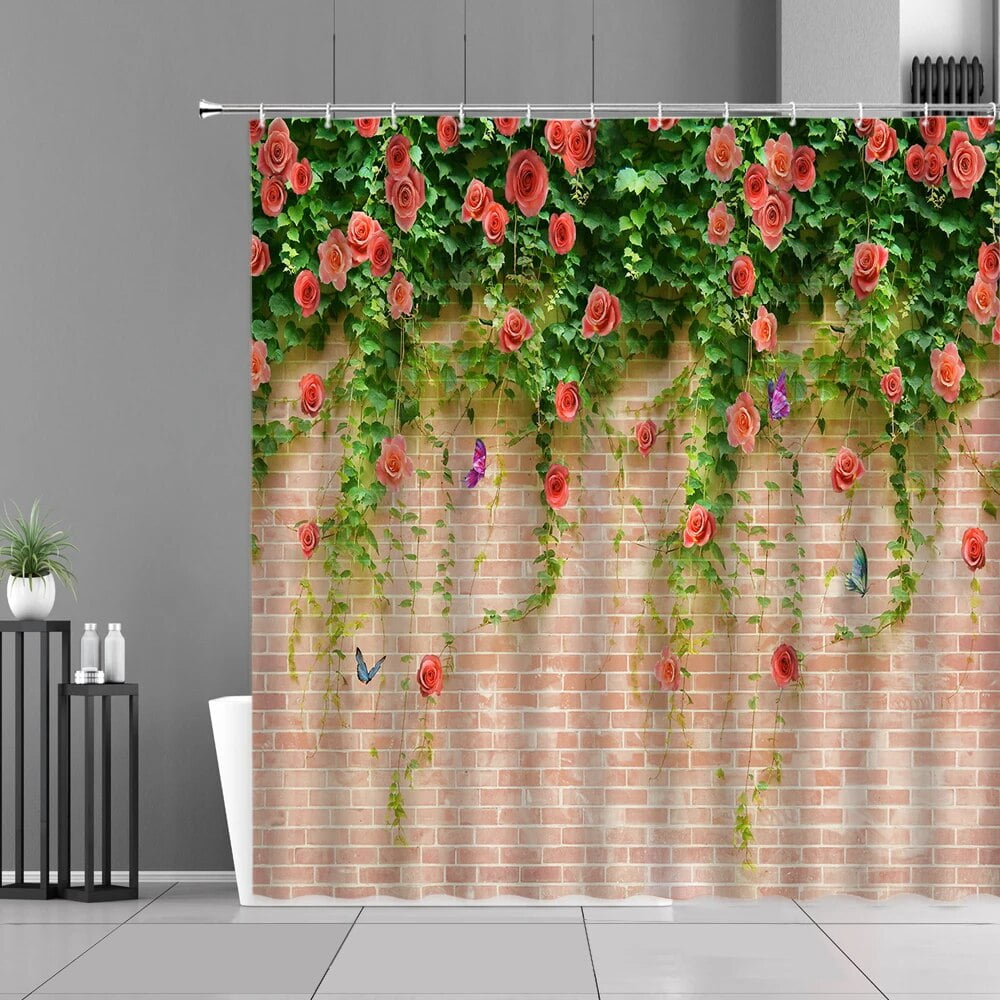 Brick Wall Design Shower Curtains Green Plants Leaves Vine Rock Stone ...