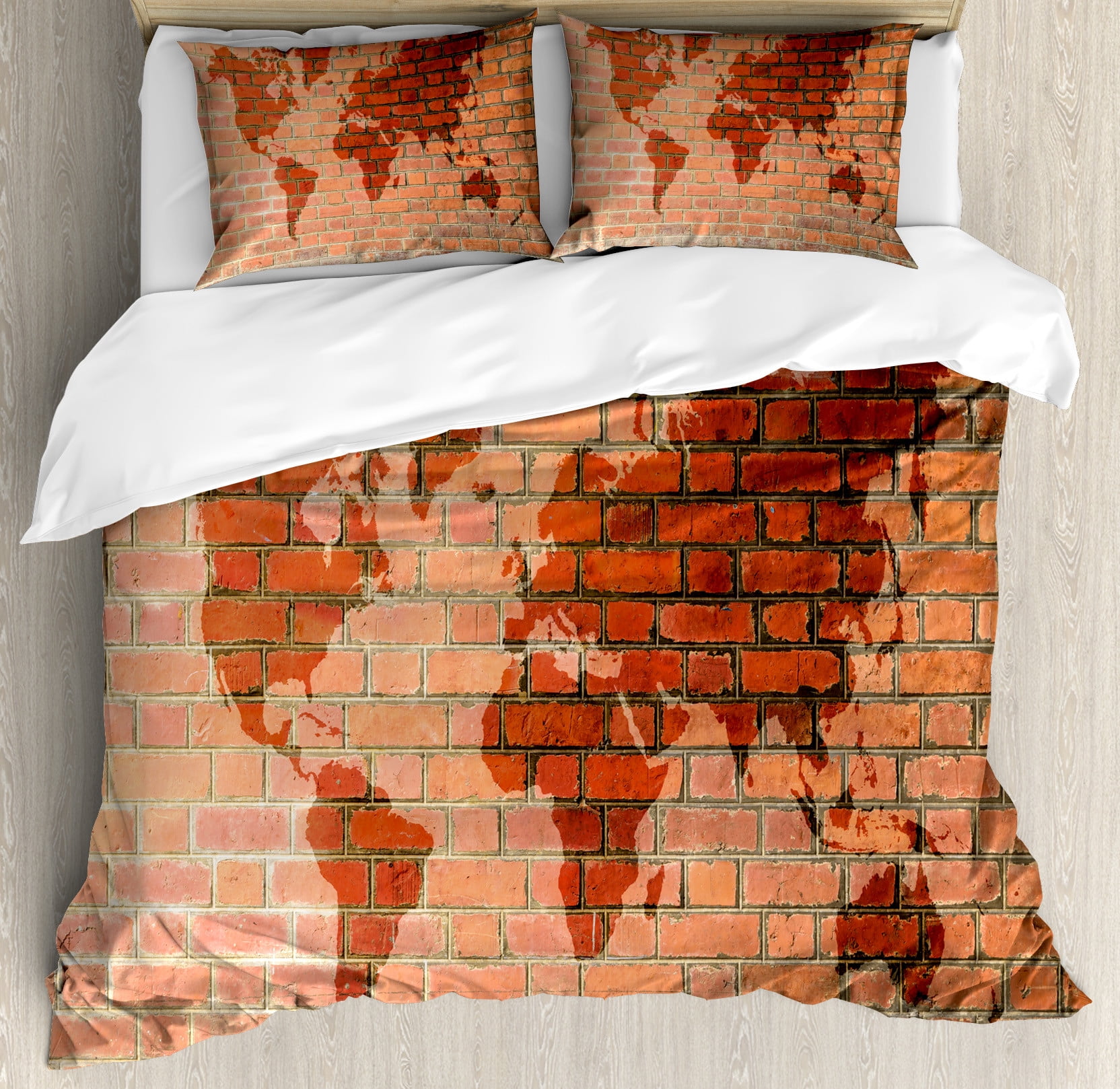 Brick Wall Duvet Cover Set, Brick Wall with World Atlas Map Reflection ...