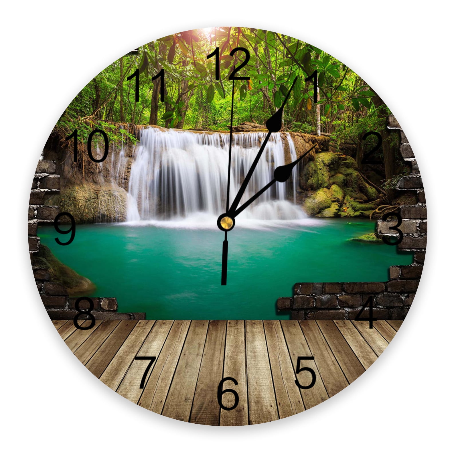 Brick Wall Forest Waterfall Woods PVC Wall Clock Modern Design Living ...