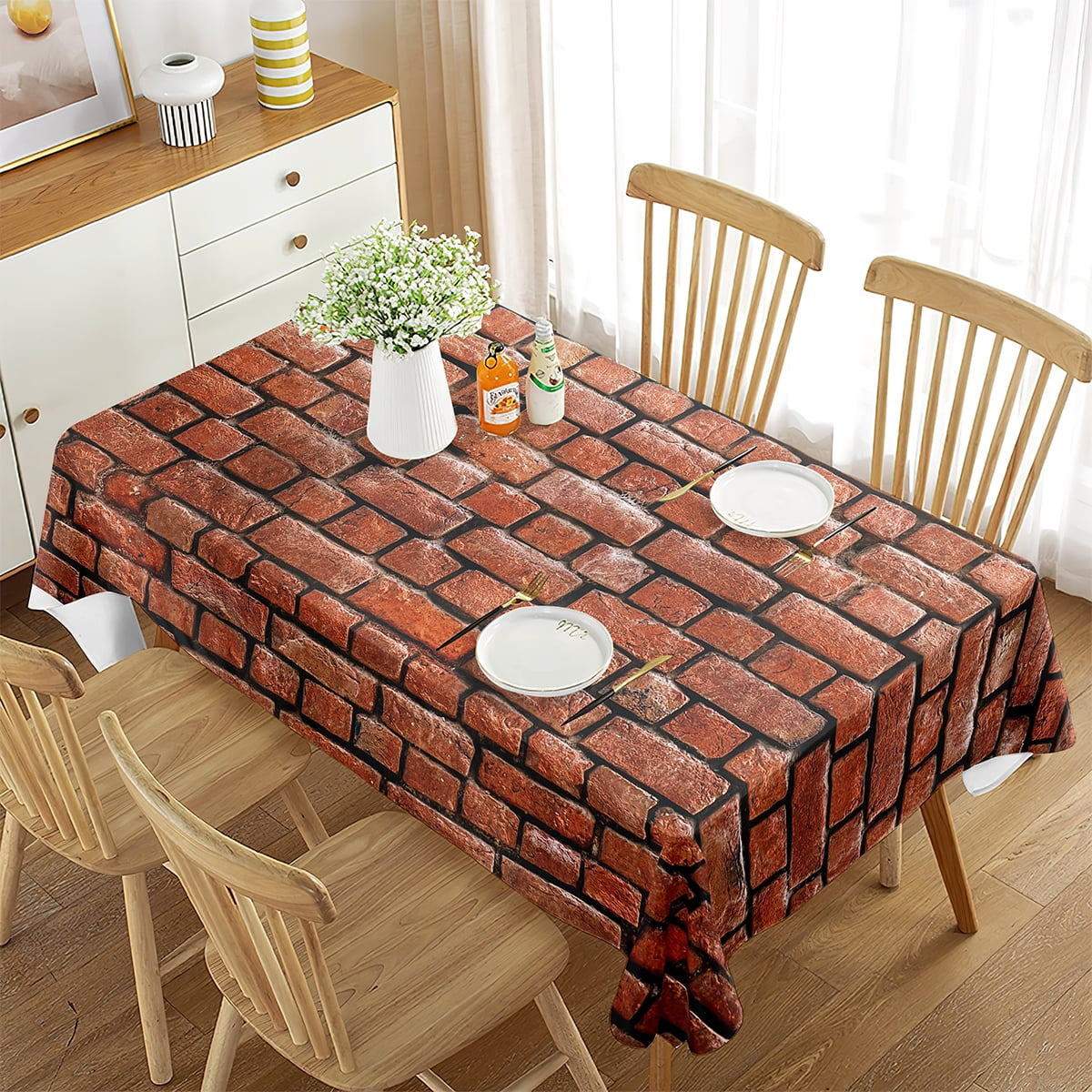Brick Wall Pattern Tablecloth Grey Orange Brick Rectangle Table Cover ...