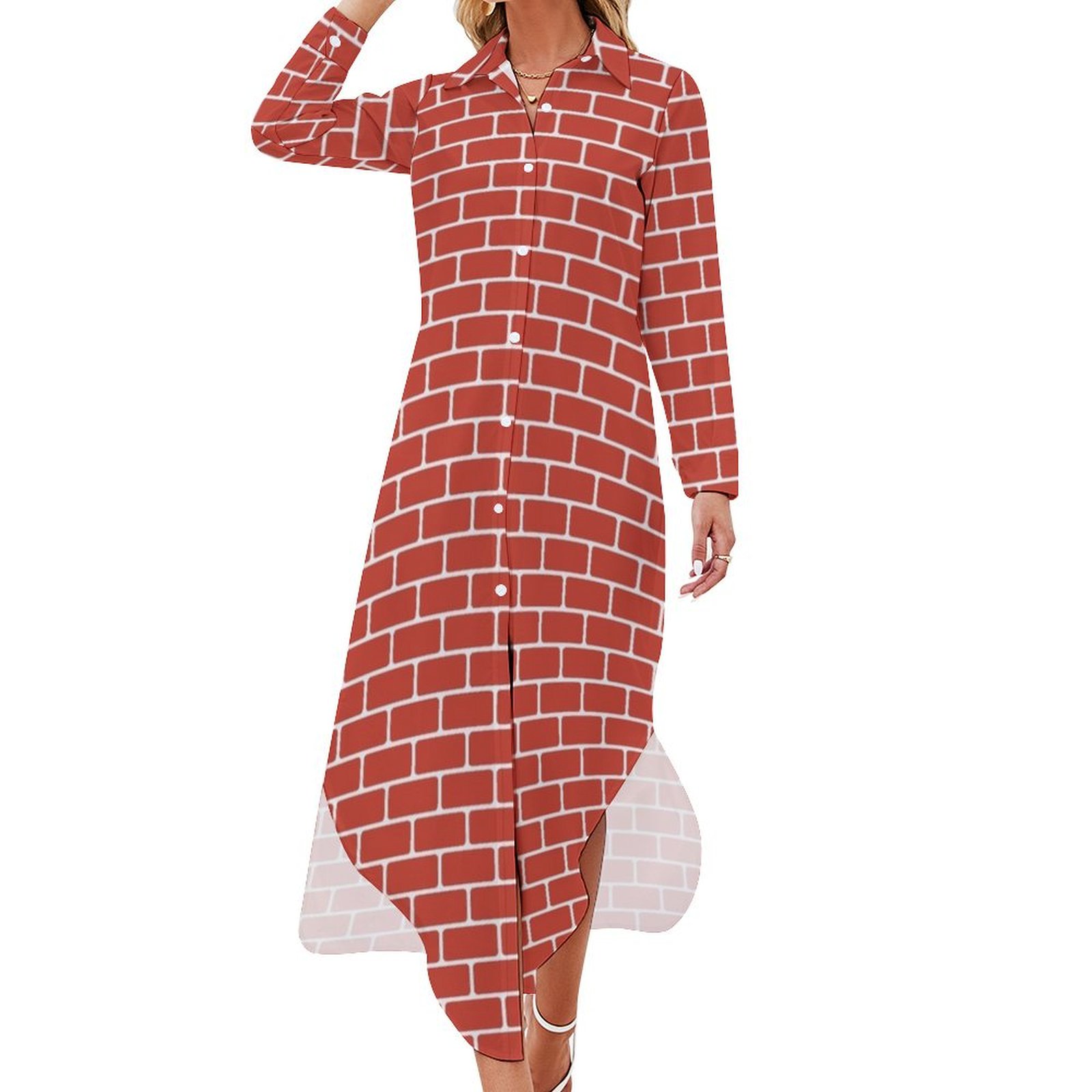 Brick Wall Pattern With Red Bricks Long Sleeved Shirt Dress Aesthetic ...