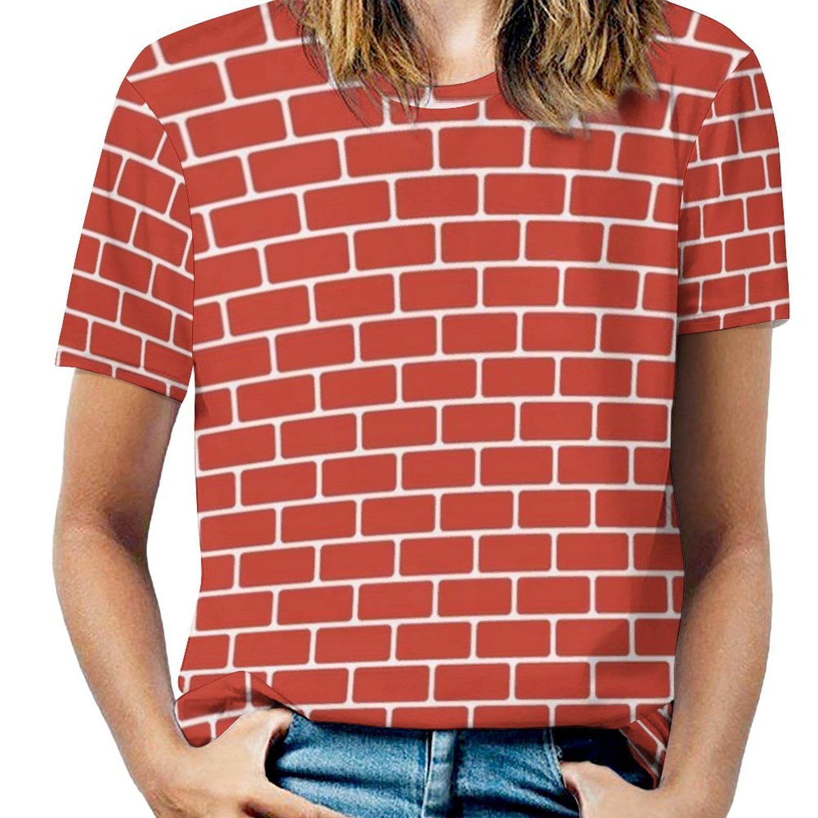 Brick Wall Pattern With Red Bricks Print O-Neck Off-The-Shoulder Top ...