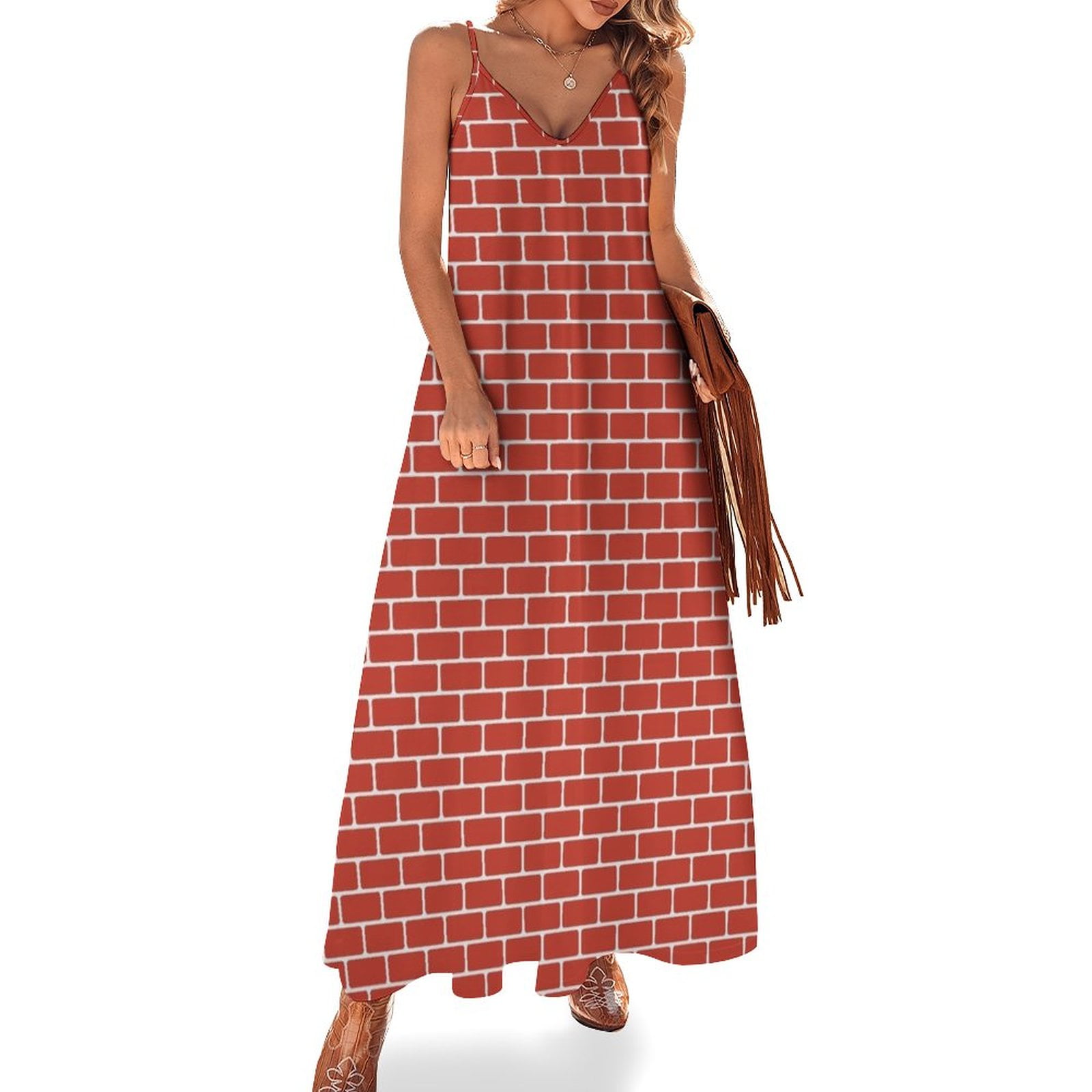 Brick Wall Pattern With Red Bricks Sleeveless Dress summer dresses women 2024 summer dress ...