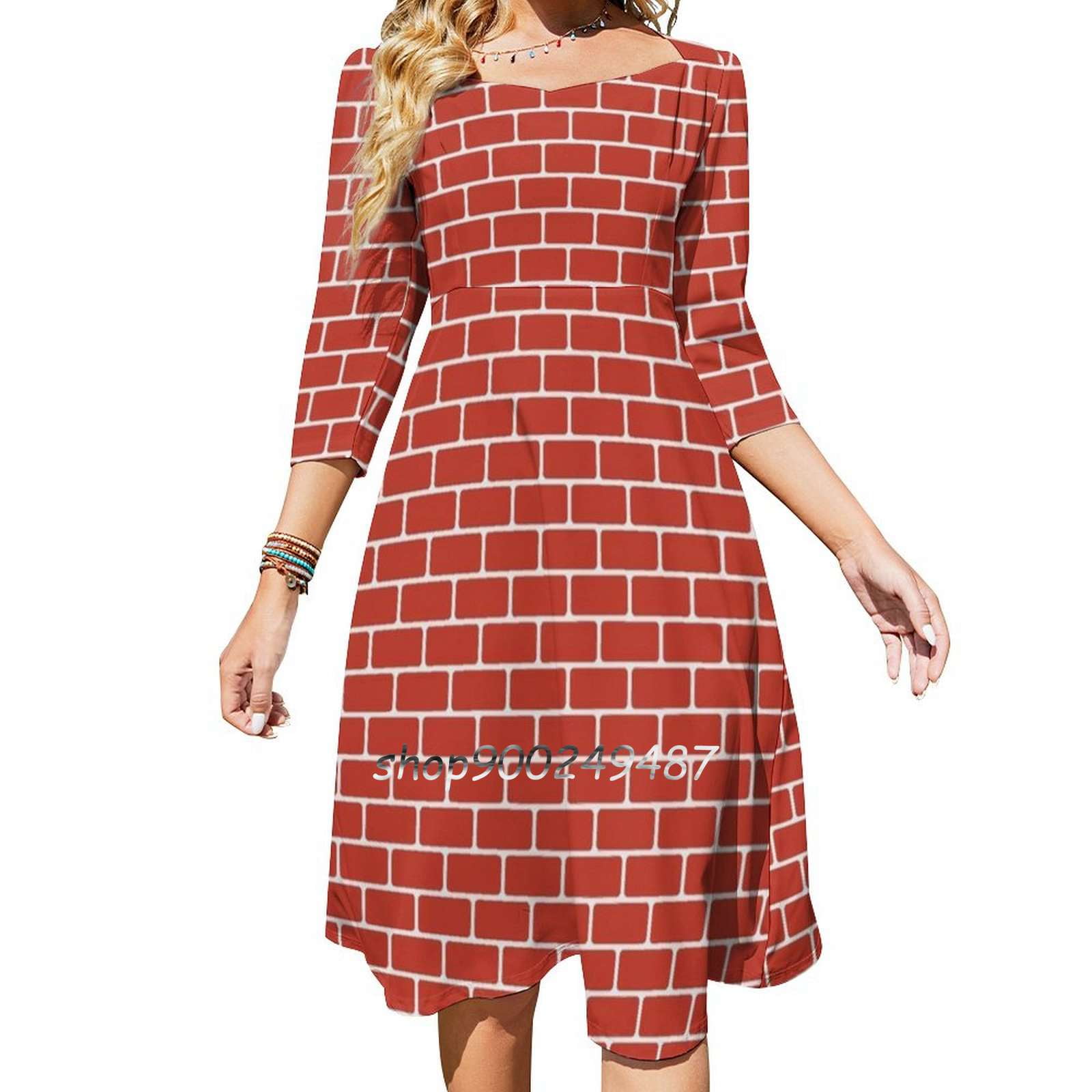 Brick Wall Pattern With Red Bricks Square Neck Dress Cute Loose Print ...