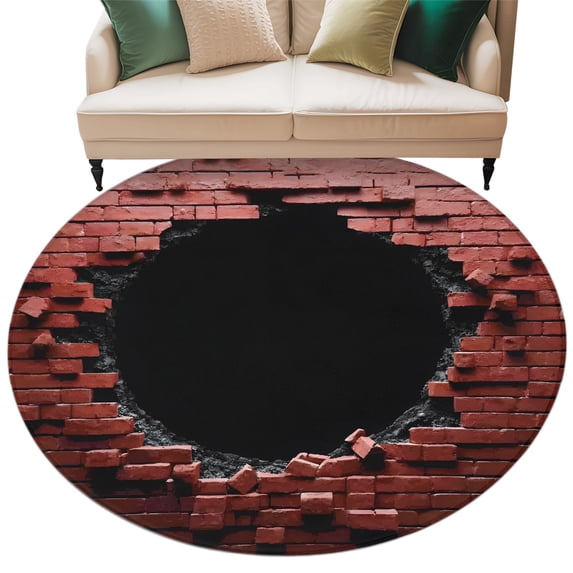 Brick Wall Round Rug 7ft Washable Circle Rugs Non Slip Brick Red Ruined ...