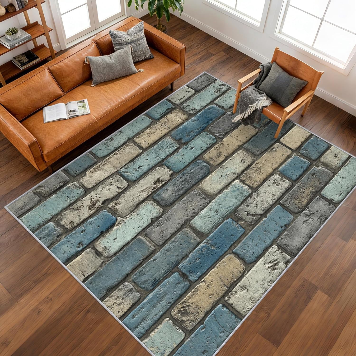 Brick Wall Rustic Area Rug, Blue Grey Stone Pattern Carpet, Washable ...