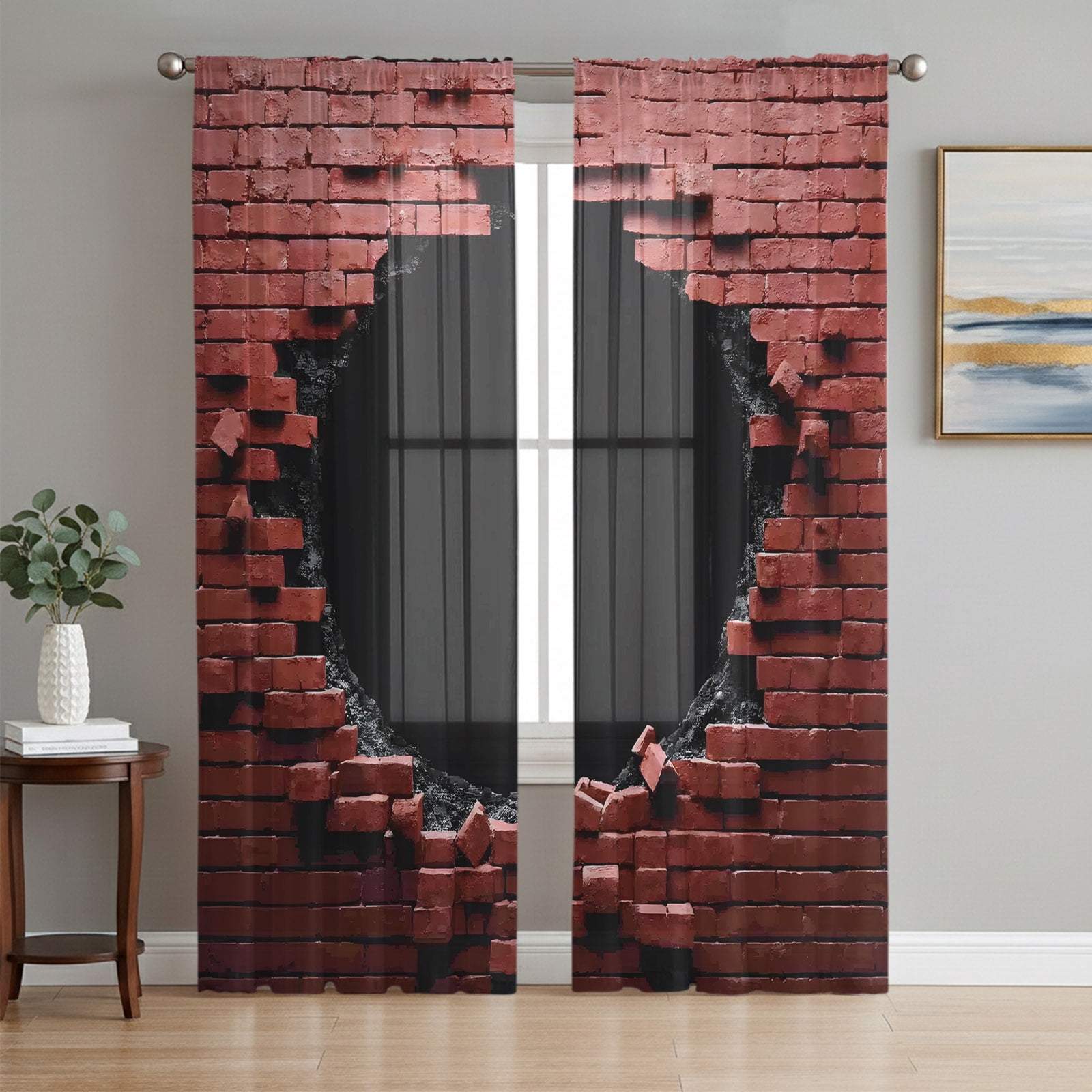 Brick Wall Sheer Curtains 63 Inch Length 2 Panels Set, Brick Red Ruined ...