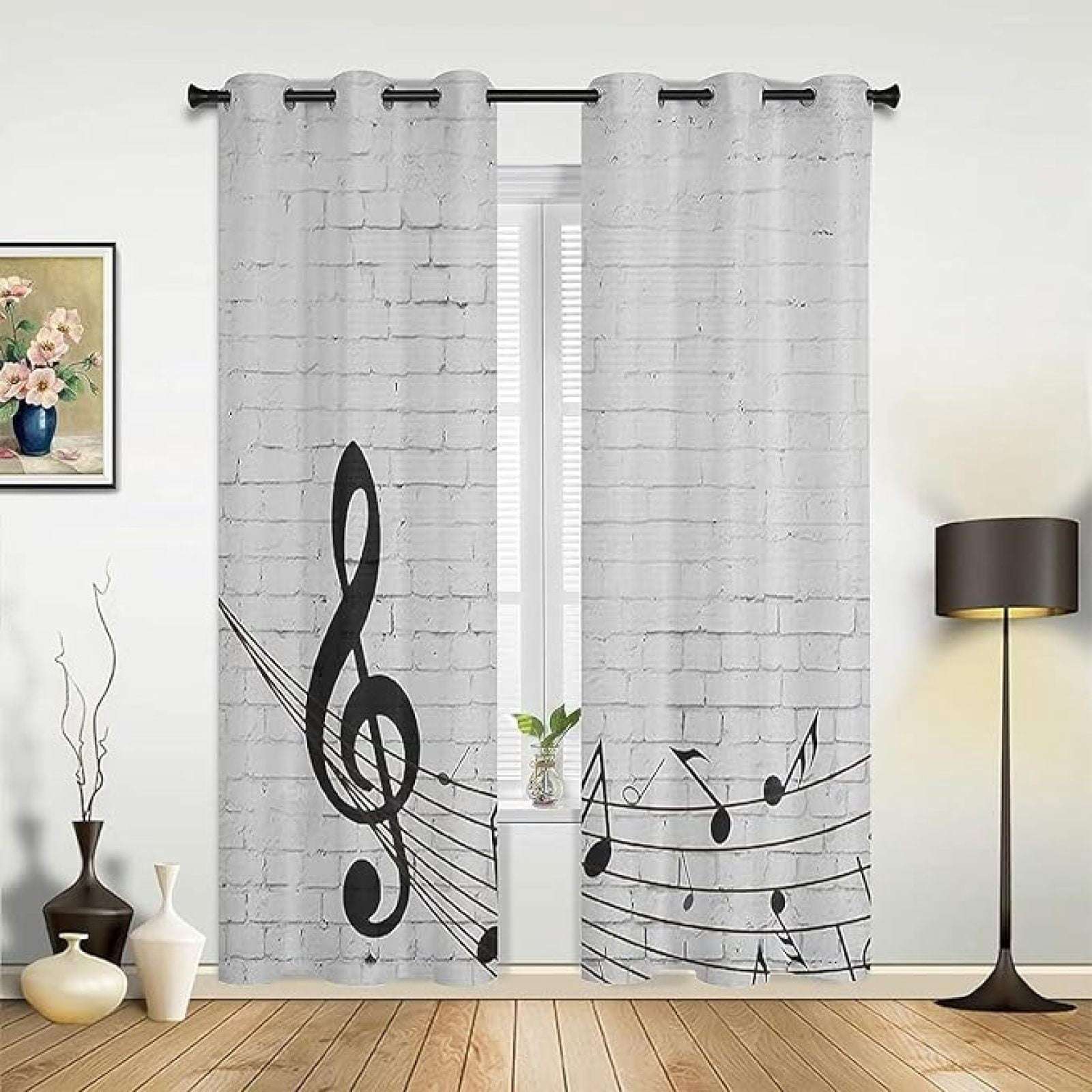 Brick Wall Sheet Music Themes Window Curtain Panel, Musical Notes ...