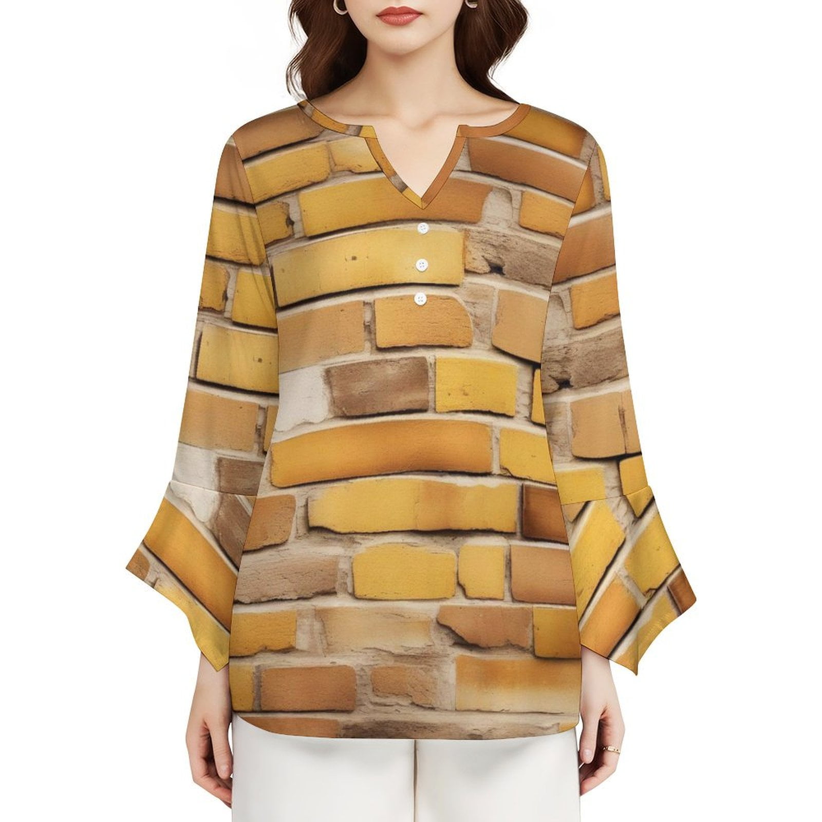 Brick Wall Texture Bricks Women's Long Sleeve Loose T-Shirts Ruffled ...