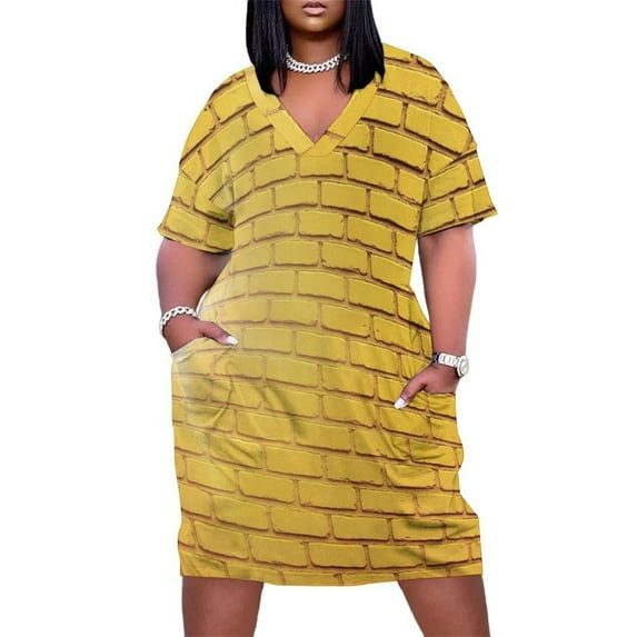 Brick Wall, Yellow Brick Stone Wall Sunlight Loose Pocket Dress Dresses ...