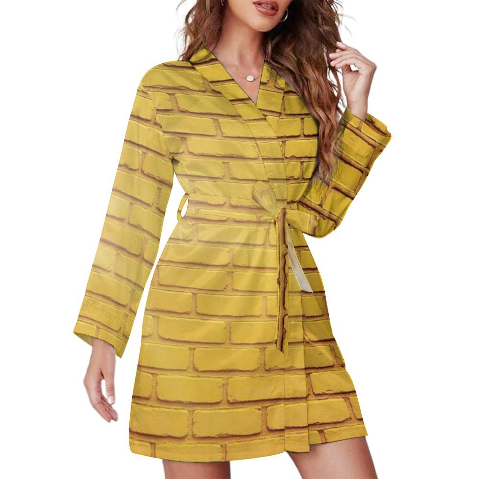 Brick Wall, Yellow Brick Stone Wall Sunlight Night Robe Long Sleeve V ...
