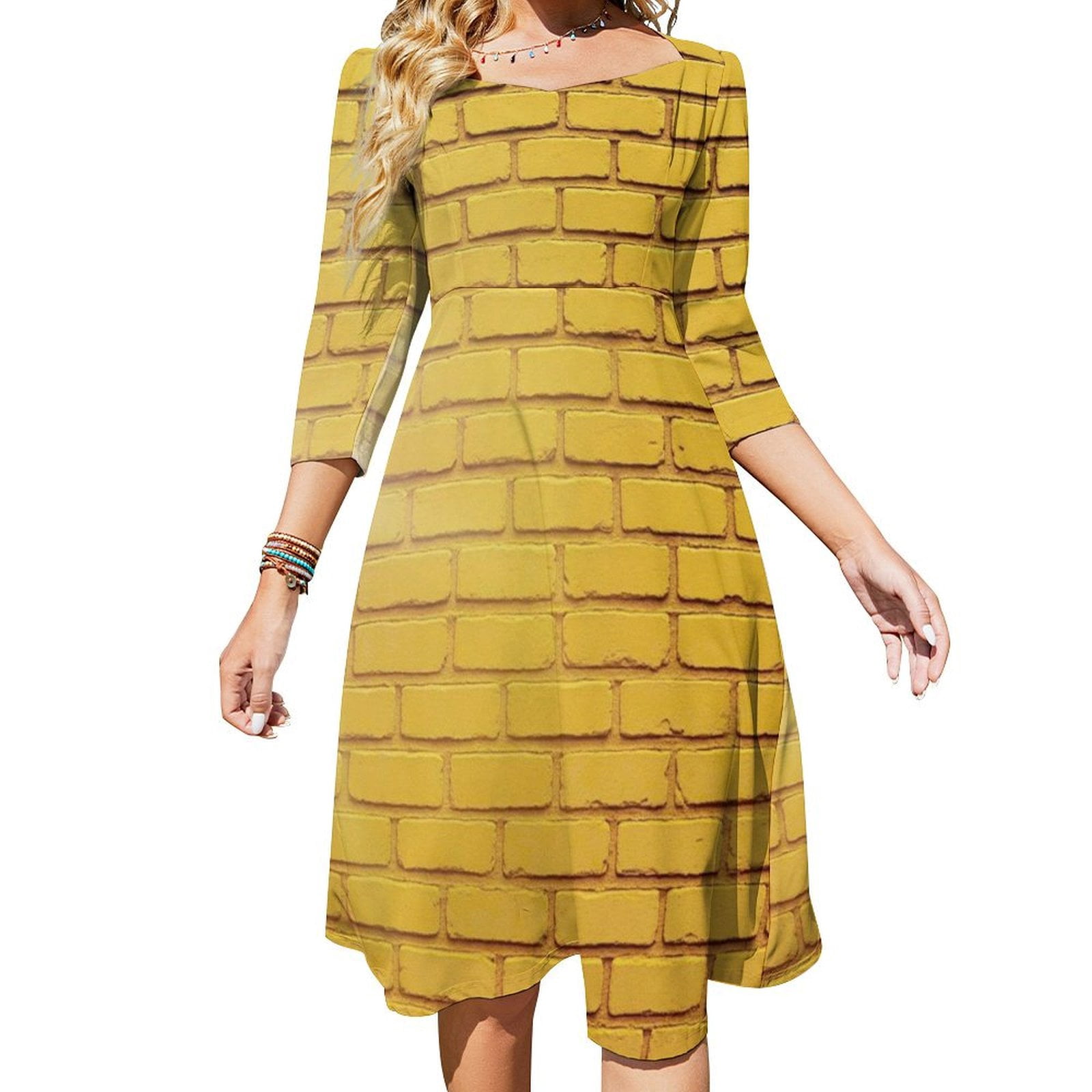 Brick Wall, Yellow Brick Stone Wall Sunlight Women's 3/4 Sleeve Dresses ...