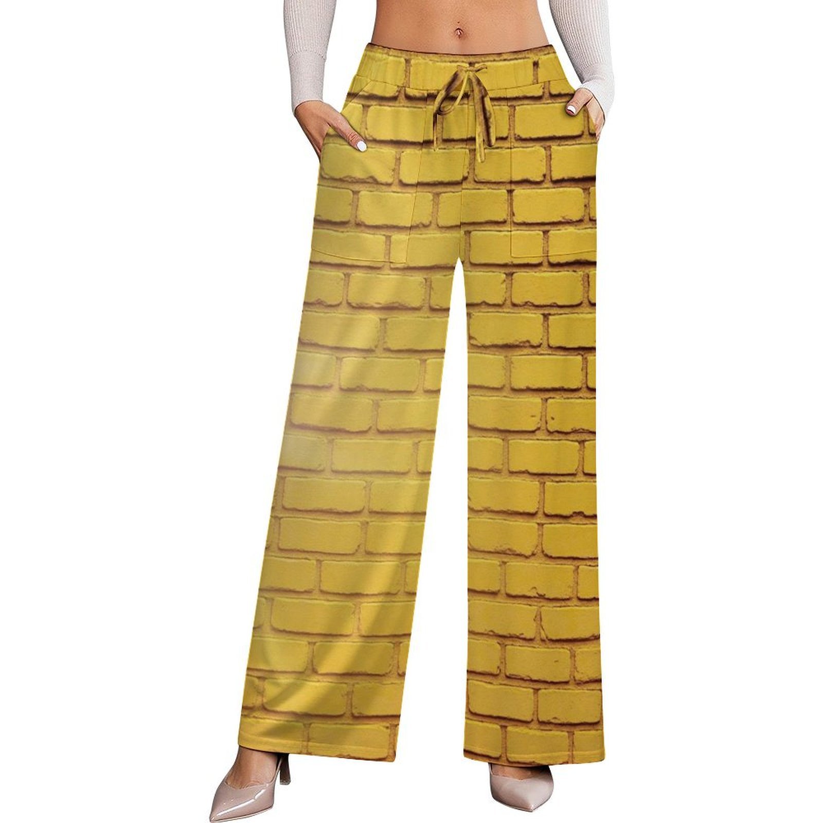 Brick Wall, Yellow Brick Stone Wall Sunlight Women's Casual Wide Leg ...