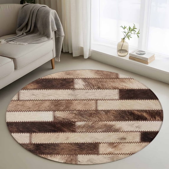 Bricks Patchwork 3FT Round Area Rugs Western Ethnic Abstract Brown ...