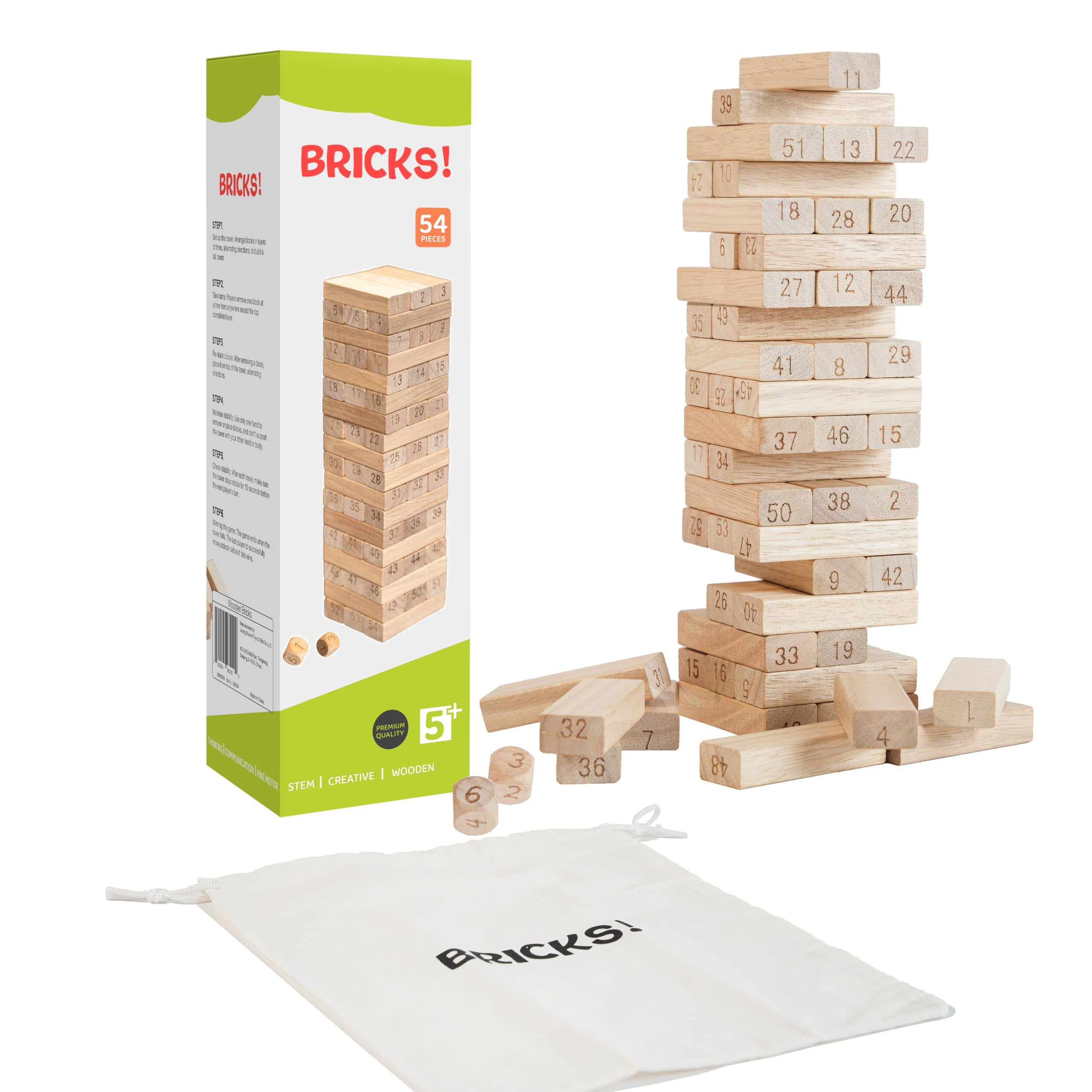 Bricks! Tumble Tower Classic Game, 54Pcs Wooden Blocks Includes a Draw ...