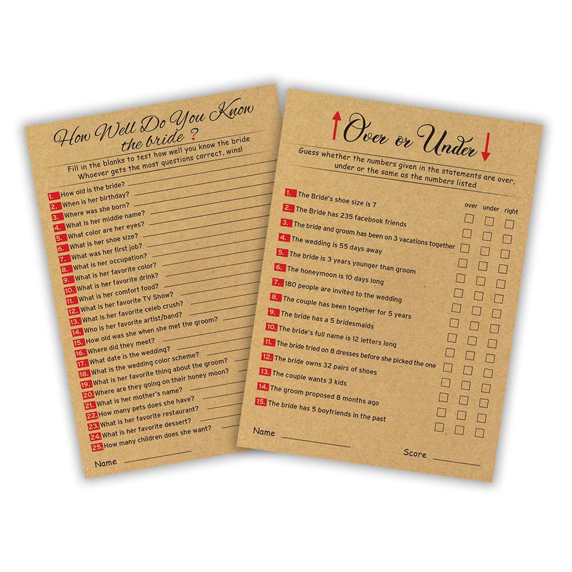 Bridal Bliss Game Pack: How Well Do You Know The Bride & Over Or Under ...